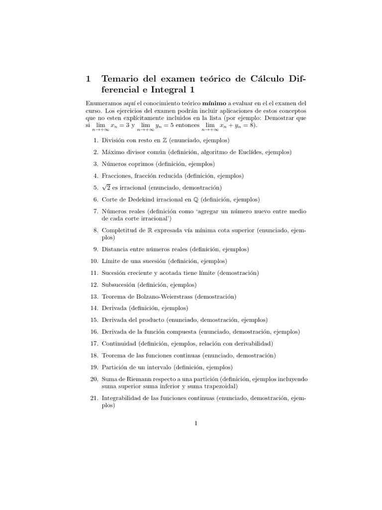 Temario Examen Cálculo Diferencial e Integral | PDF