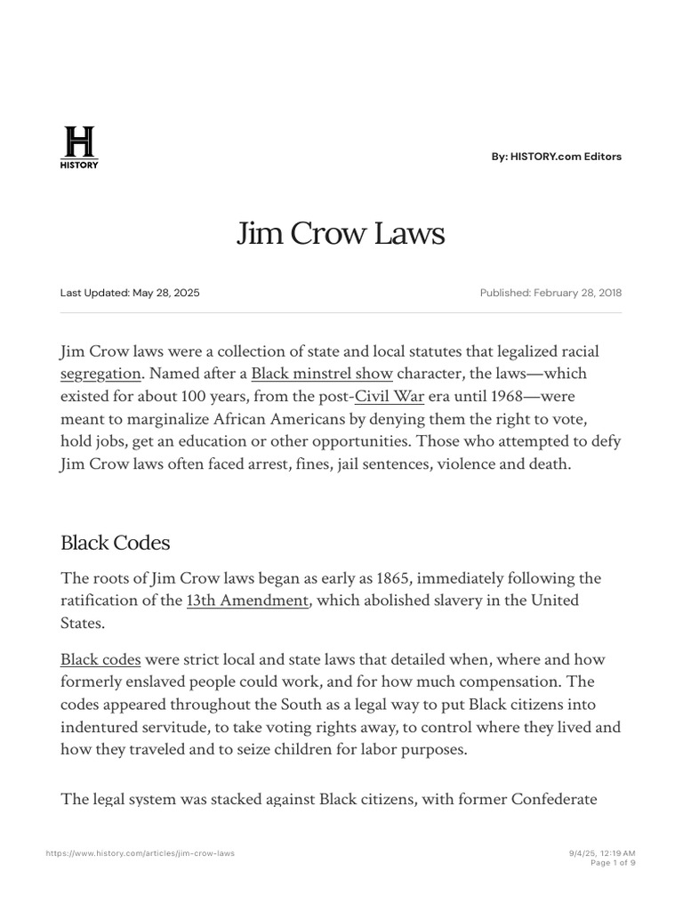 Jim Crow Laws - Definition, Examples & Timeline - HISTORY | PDF | Jim ...