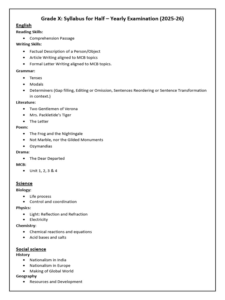 Grade X Half Yearly Syllabus | PDF