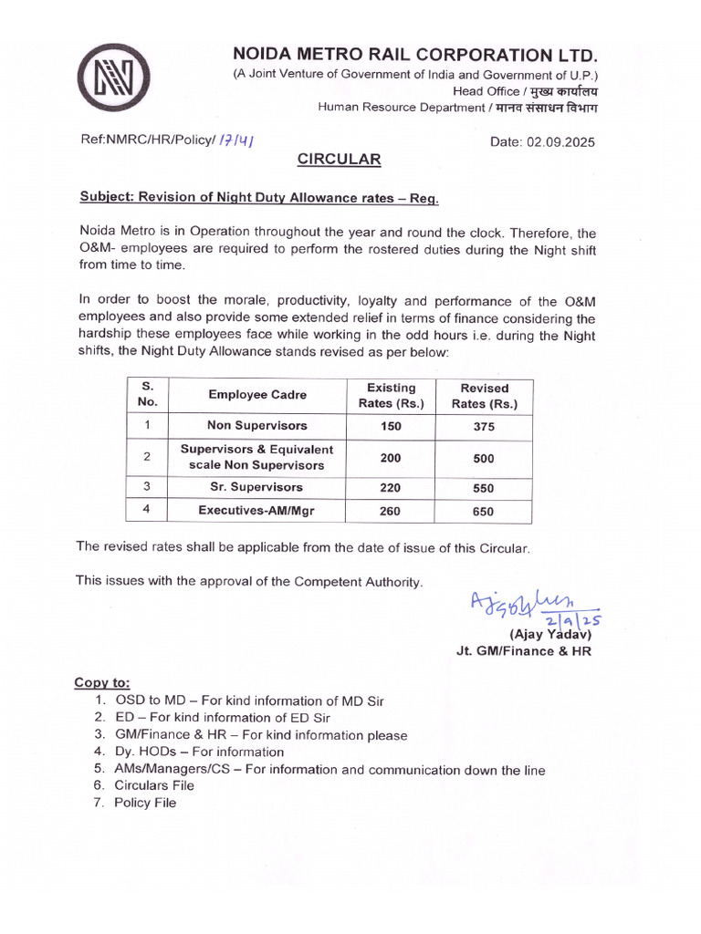 Night Duty Allowance Circular 02.09.2025 | PDF
