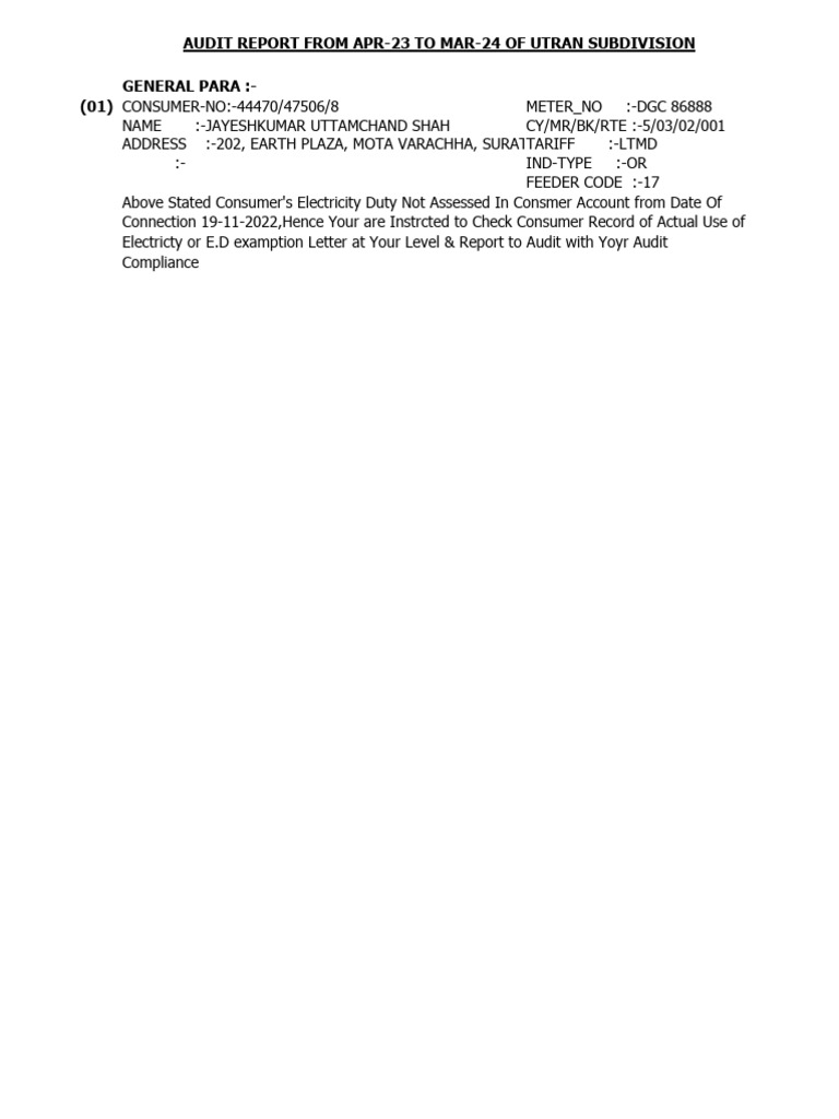 General Audit Report From Apr-23 To Mar-24 of Utran Subdivision | PDF