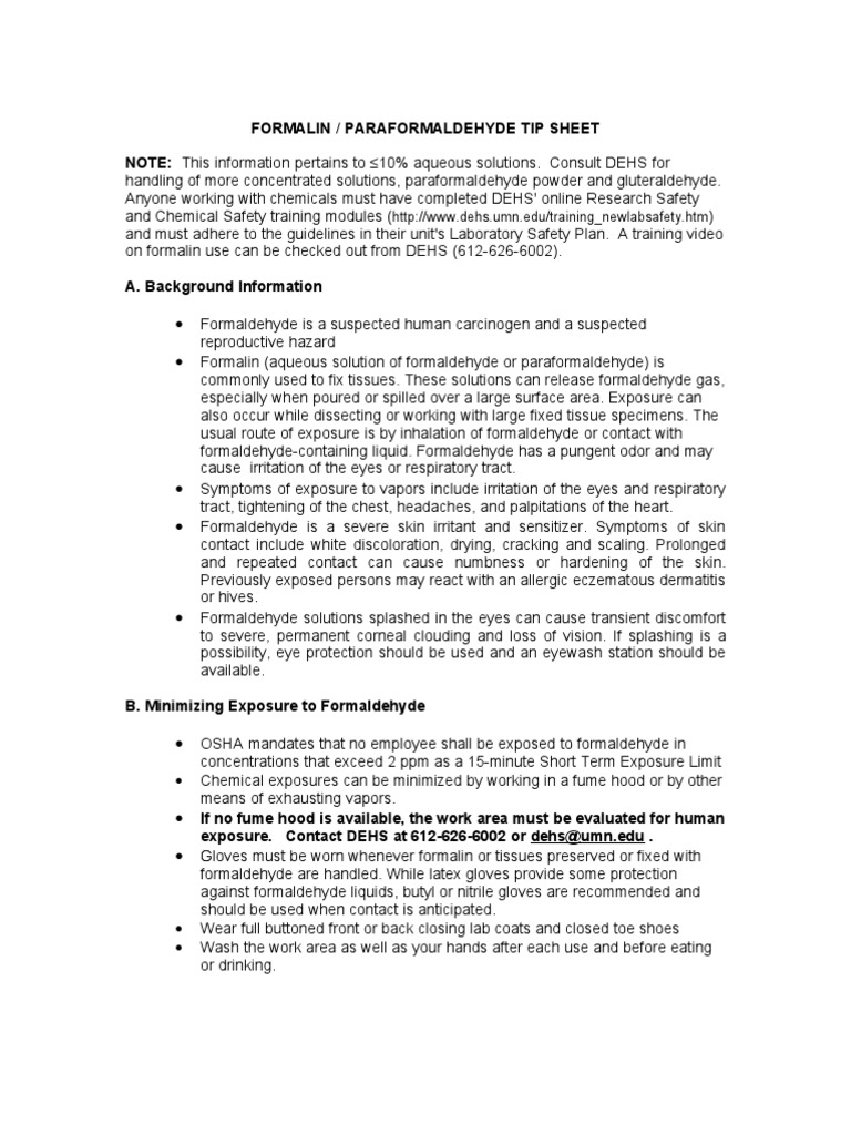 Tip Sheet Formalin 8.08-1 | PDF | Formaldehyde | Chemistry