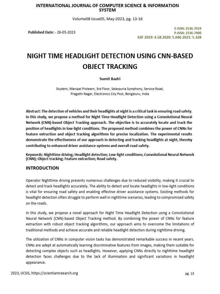Night Time Headlight Detection Using Cnn-Based Object Tracking | PDF | Cognitive Science | Computing