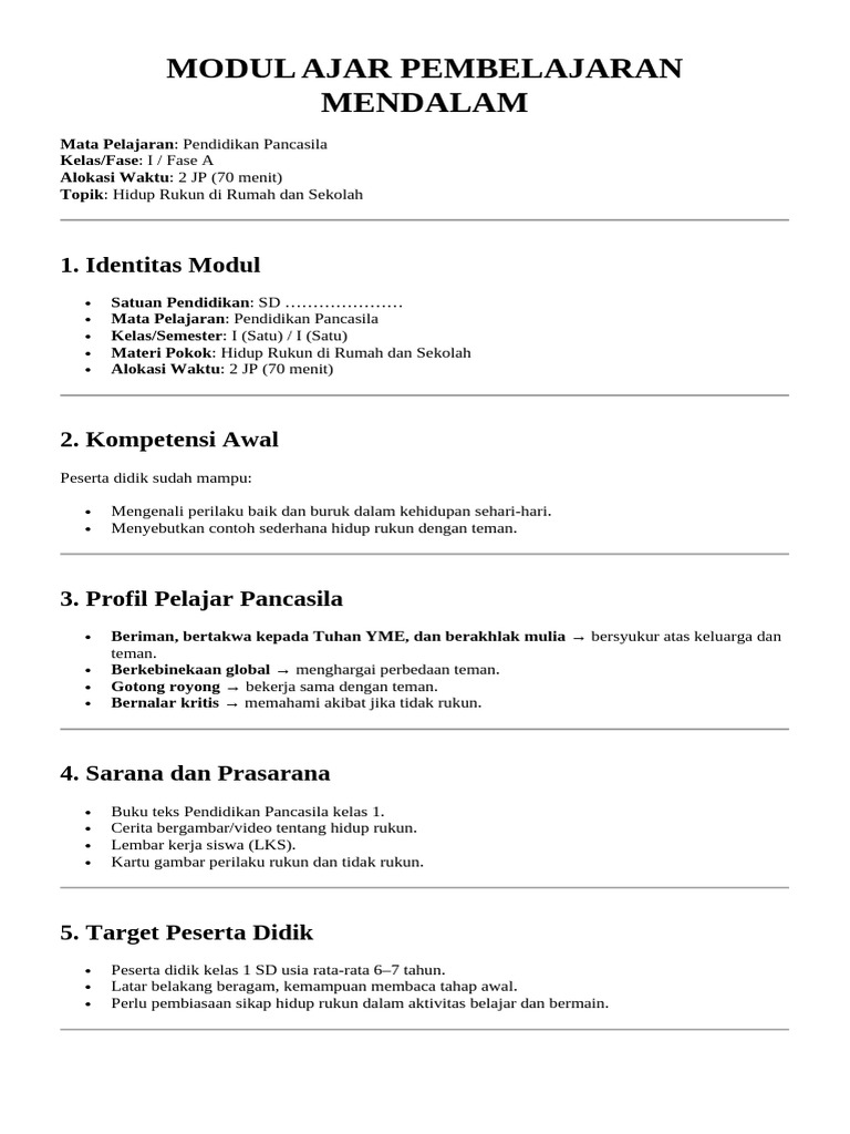 Modul Ajar Pembelajaran Mendalam PP Kls 1 | PDF