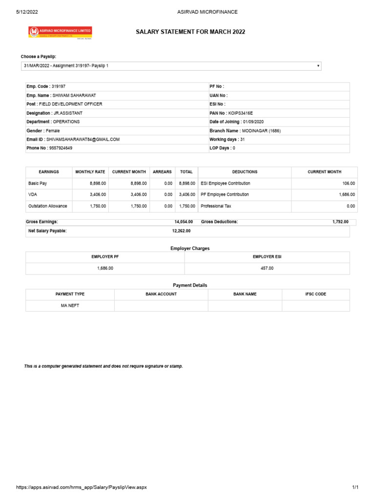 Asirvad Microfinance Shivam | PDF | Paycheck | Expense