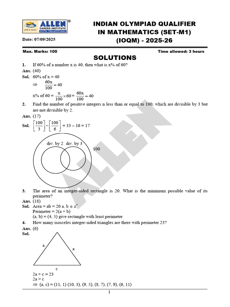 IOQM 2025 Prelims Question With Paper Solution | PDF | Area | Mathematics