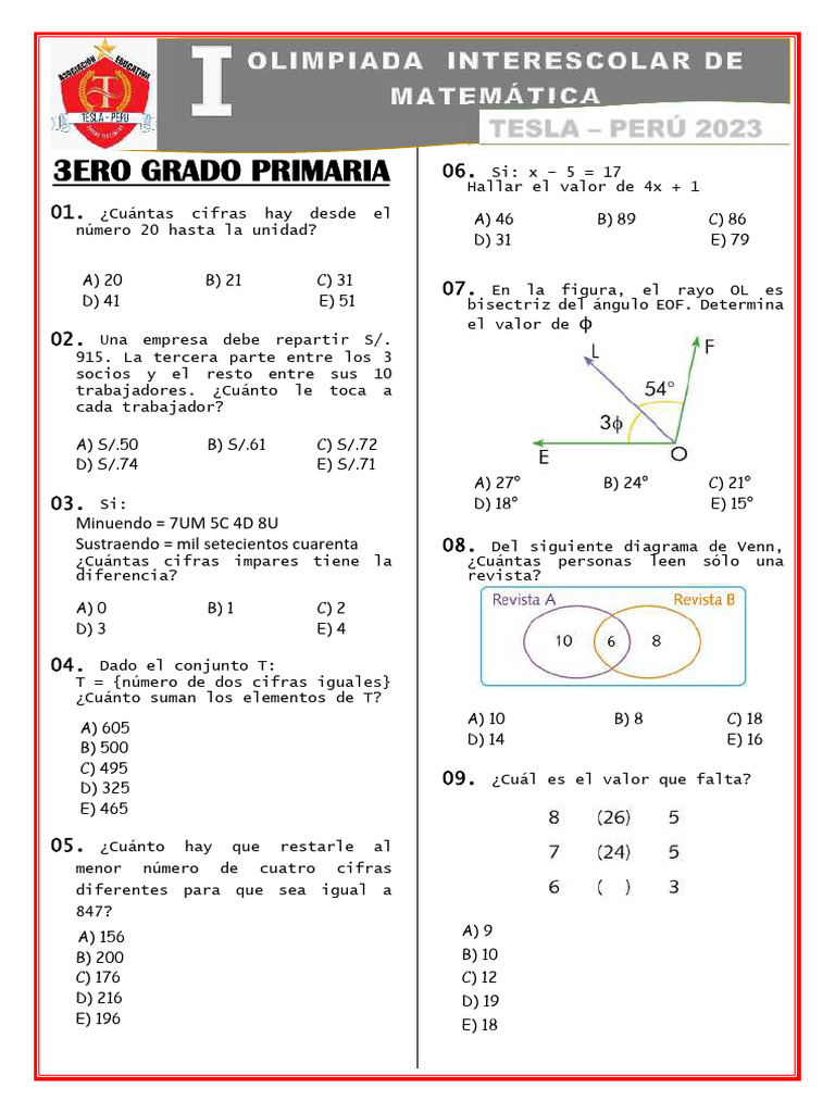 3ero Primaria - Concurso | PDF | Matemática Elemental | Aritmética