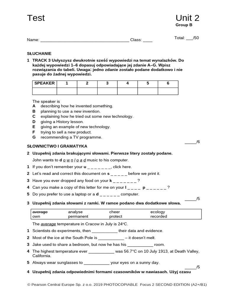 Focus 2 Unit 2 Test Group B | PDF