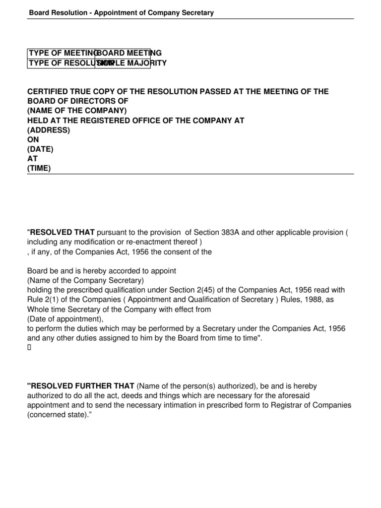 Board Resolution for Company Secretary Appointment | PDF