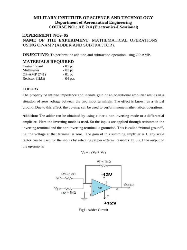 Exp 05 Mathematical Operations Using Op-Amp Adder Subtractor | PDF