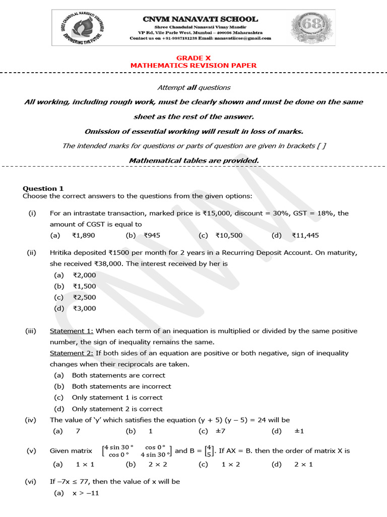 CNVM QP X Math Revision Paper | PDF | Circle | Area