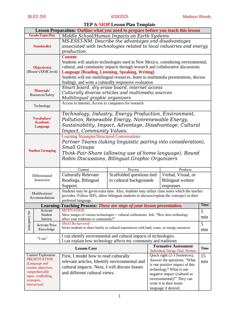 1 TEP Core SIOP Lesson Plan Template - Madison Woods | PDF ...