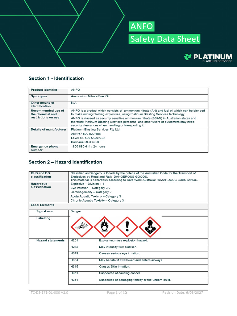 ANFO Safety Data Sheet Overview | PDF | Dangerous Goods | Toxicity