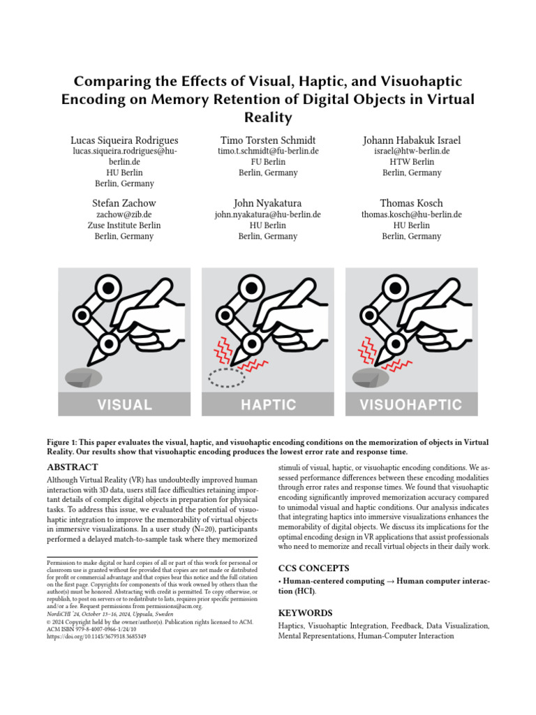 Comparing The Effects of Visual, Haptic, and Visuohaptic Encoding On Memory | PDF | Virtual ...