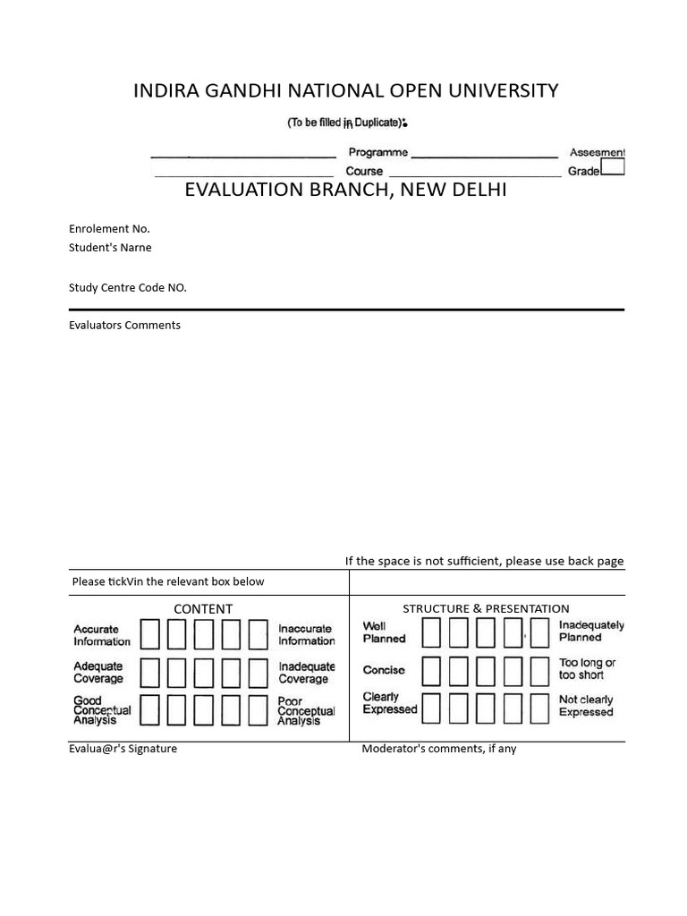 IGNOU Assignment Evaluation Sheet PDF | PDF