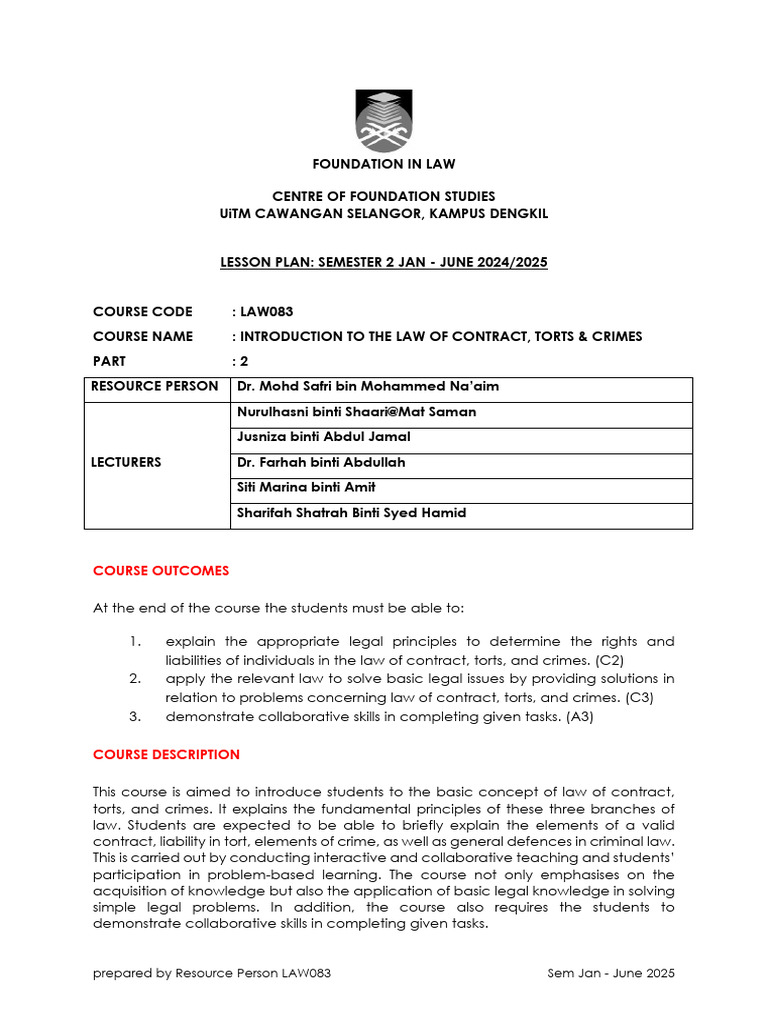 Law of Contract, Torts & Crimes Course Plan | PDF | Tort | Legal Liability