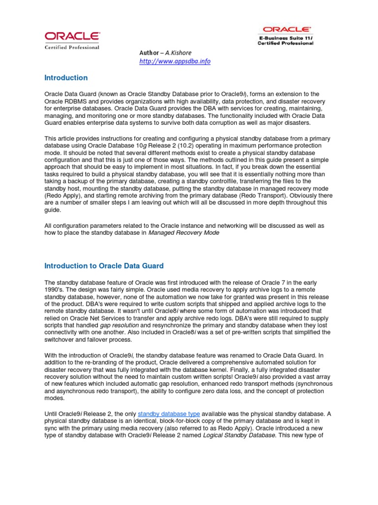 Author - A.Kishore: Standby Database Type | PDF | Oracle Database | Databases