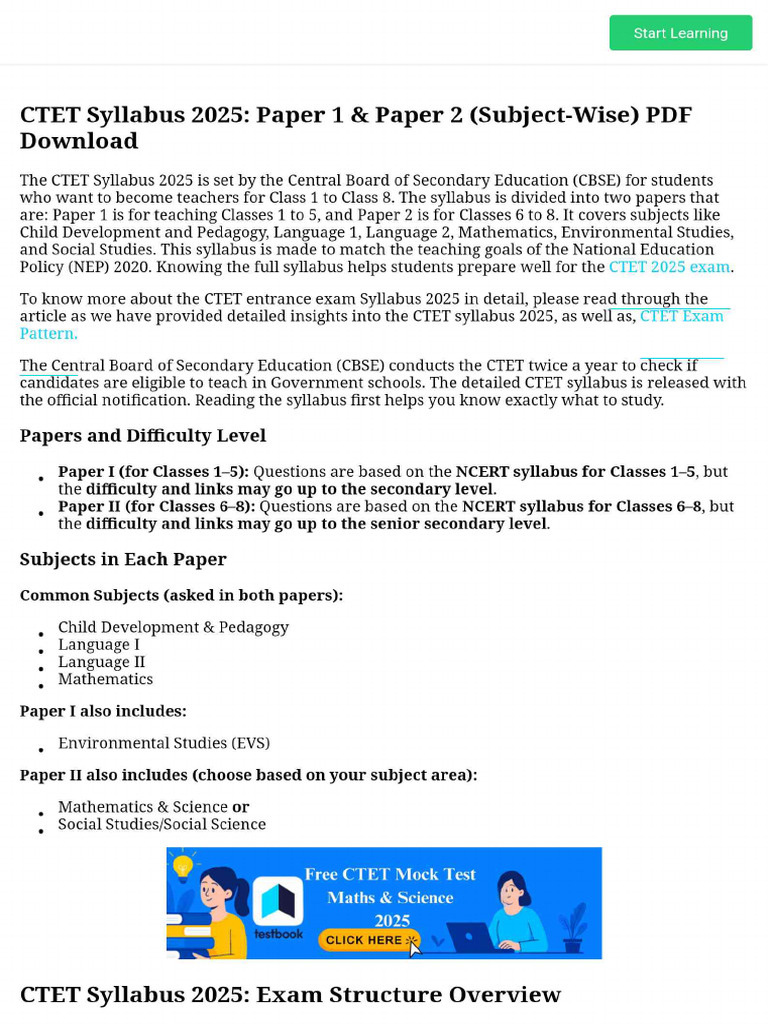 CTET Syllabus 2025 - Paper 1 & Paper 2 (Subject-Wise) PDF Download | PDF
