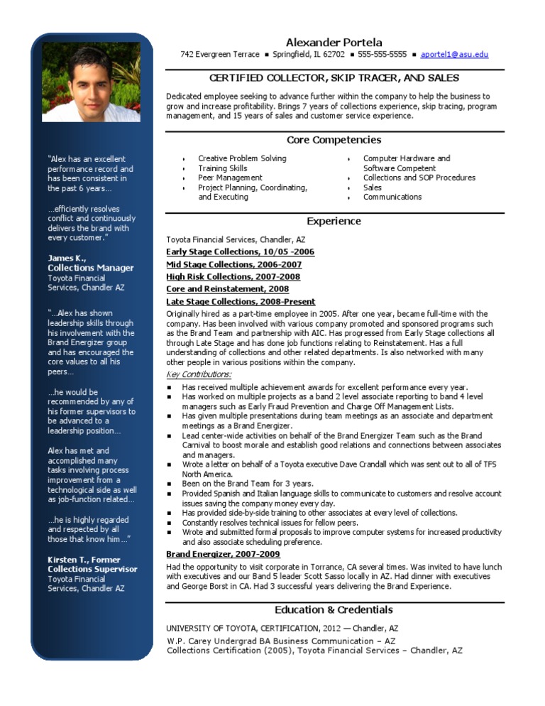 Certified Collector, Skip Tracer, and Sales: Alexander Portela | PDF ...