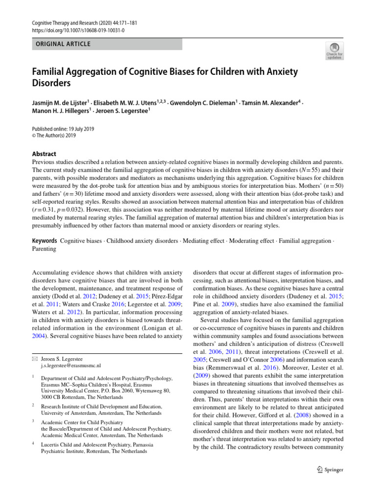 Familial Aggregation of Cognitive Biases For Children With Anxiety ...