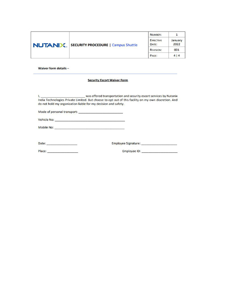 Security Escort Waiver Form | PDF