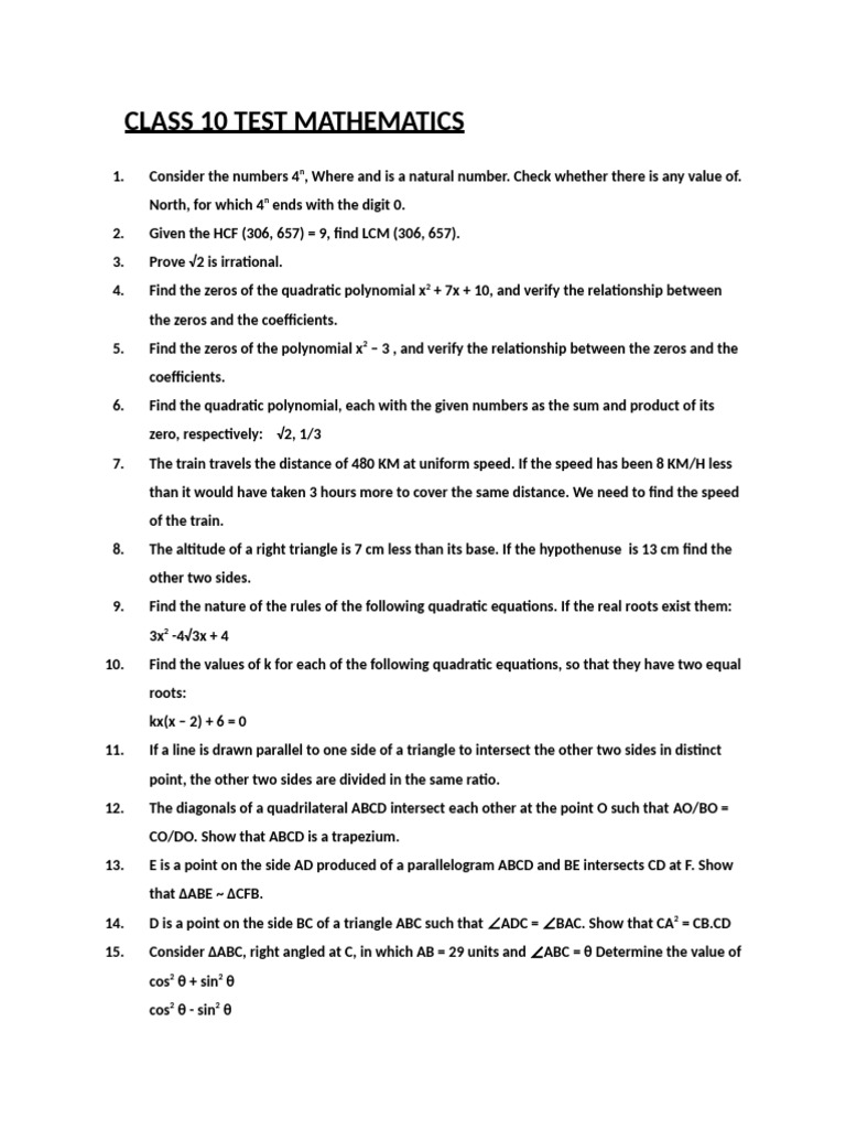 Class 10 Mathematics Test Questions | PDF | Circle | Mathematics