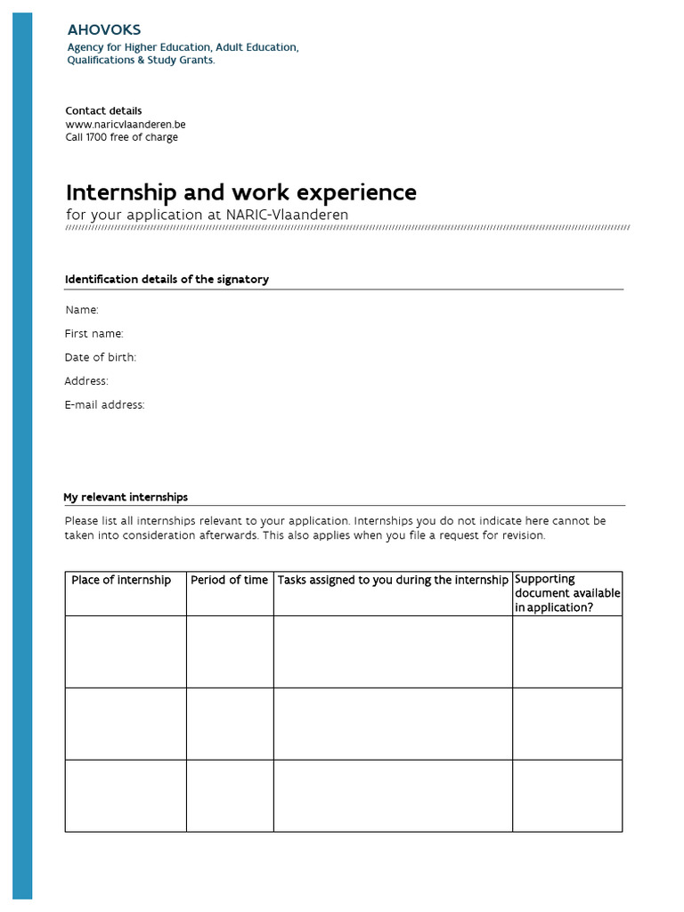 NARIC Vlaanderen Internship and Work Experience Form Bmdqn7 | PDF