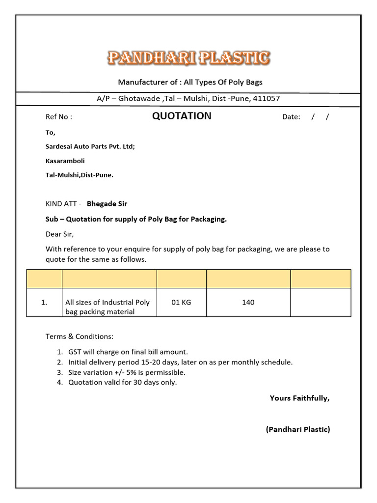 Quotation for Industrial Poly Bags | PDF
