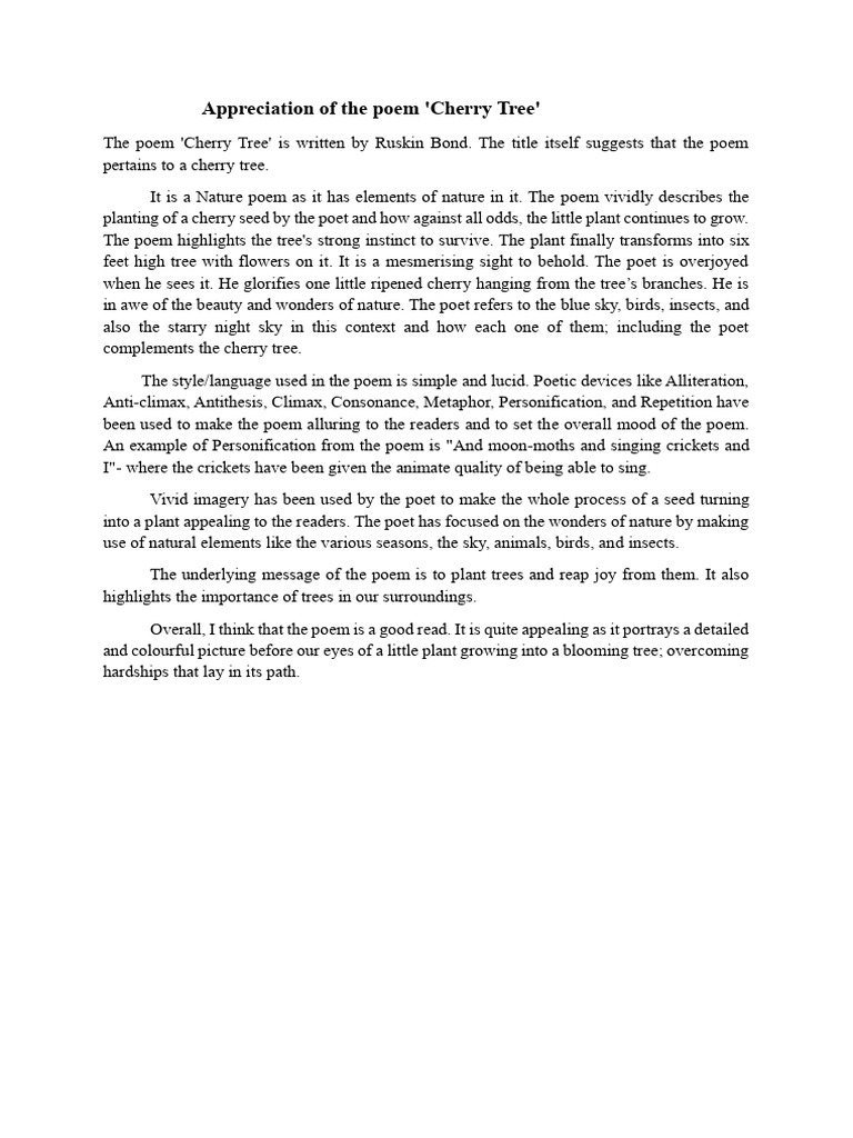 Cherry Tree Poem Appreciation Guide | PDF