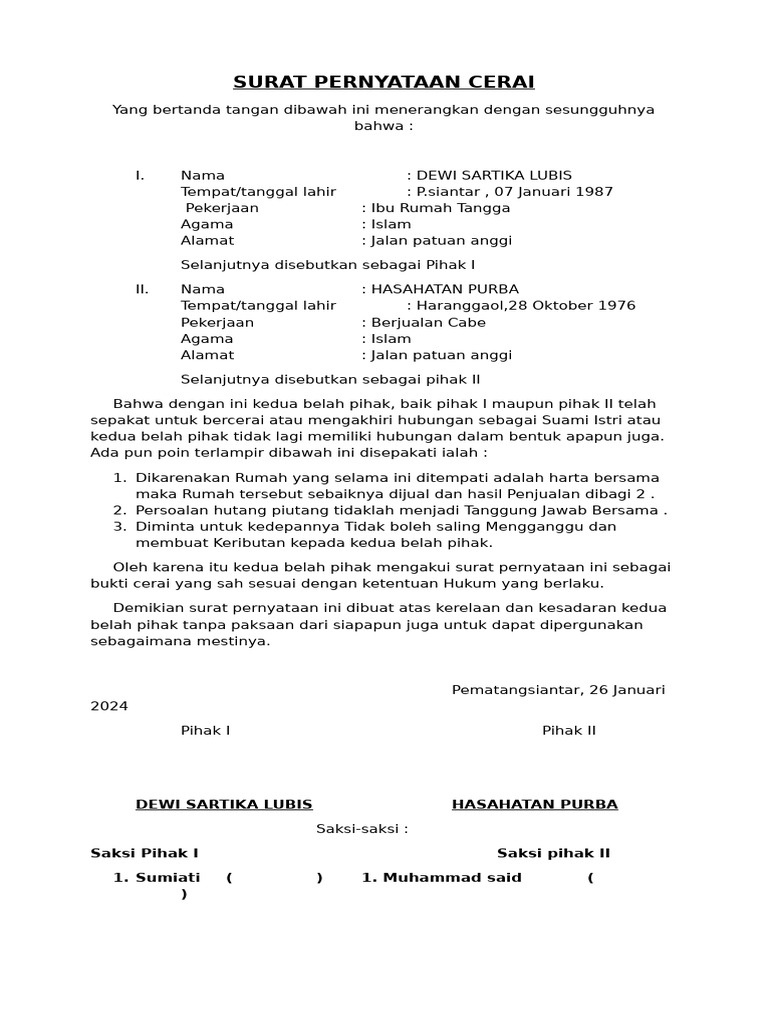 Surat Pernyataan Cerai | PDF