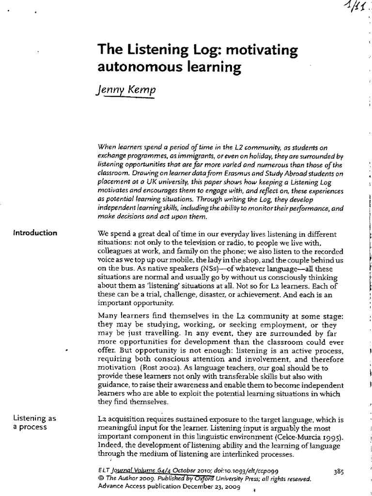 Kemp J 2010 The Listening Log, Motivating Autonomous Learn | PDF