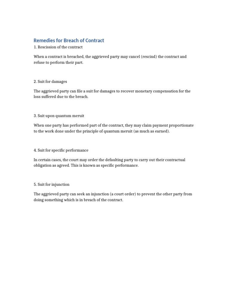 Remedies For Breach of Contract | PDF