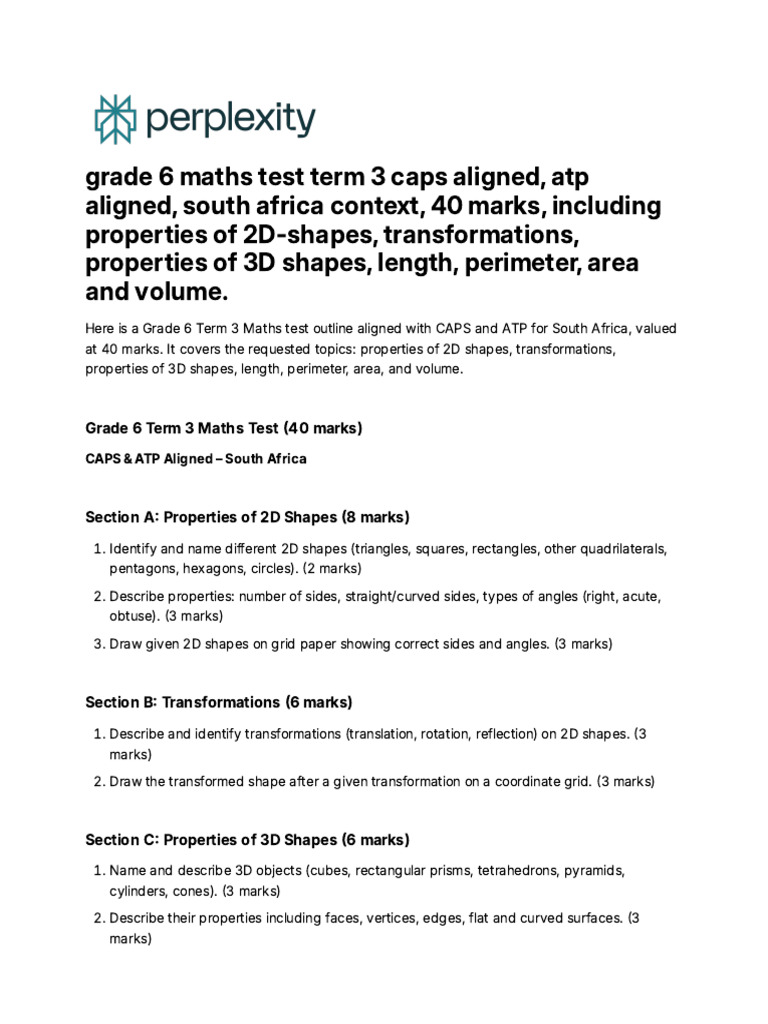 Grade 6 Term 3 Maths Test Outline | PDF | Shape | Area