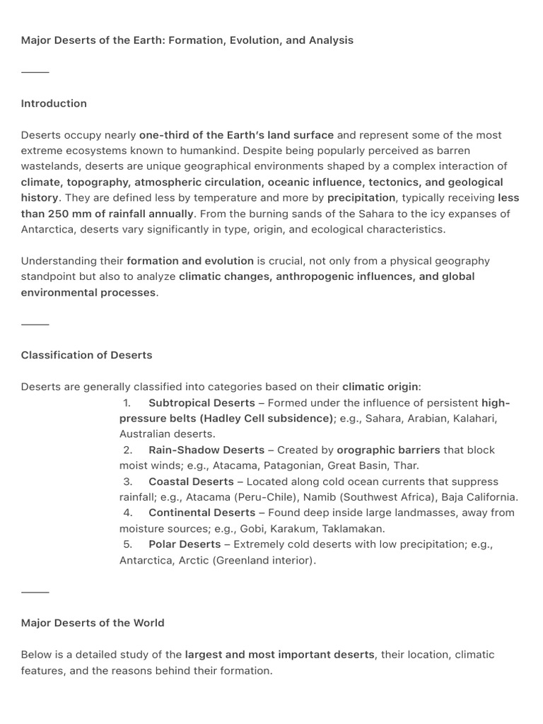 Major Earth Deserts: Types and Formation | PDF | Desert | Sahara