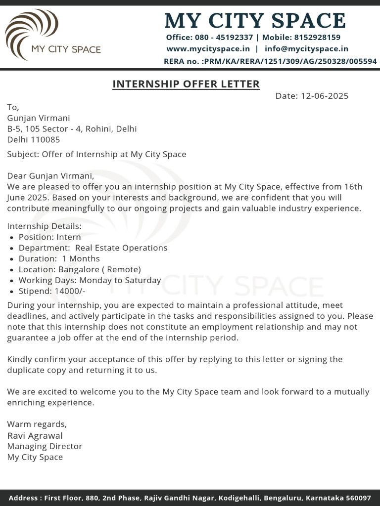 Internship Offer for Gunjan Virmani | PDF
