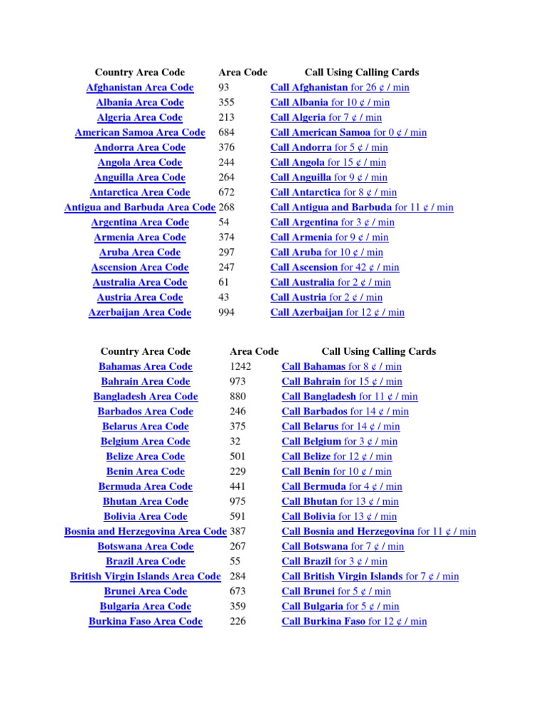 Country Area Code Area Code Call Using Calling Cards | PDF