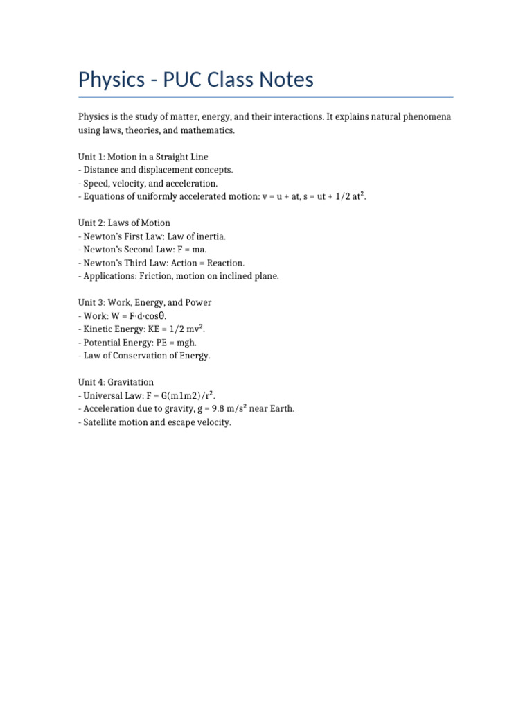 PUC Physics Class Notes Overview | PDF