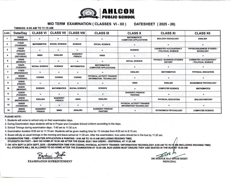 AHLCON School Mid Term Exam Datesheet 2025-26 | PDF | Social Sciences ...