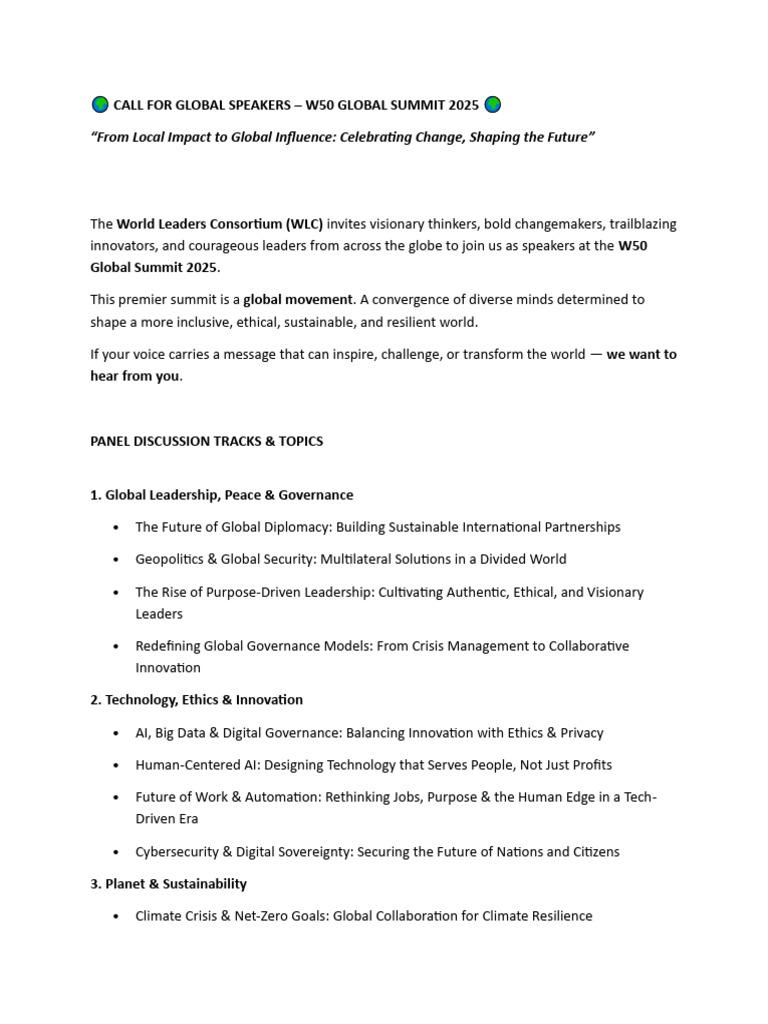 Call for Speakers: W50 Global Summit 2025 | PDF | Sustainability ...