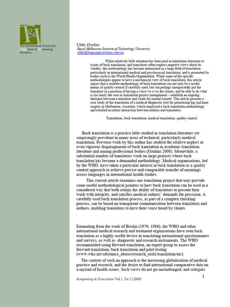 Back Translation As A Means of Giving Translators A Voice | PDF ...