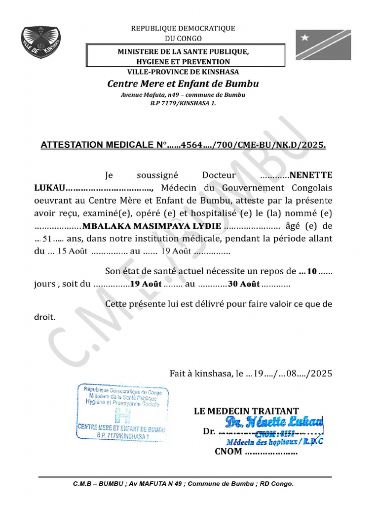 Attestation Medical Mbalaka Lydie | PDF