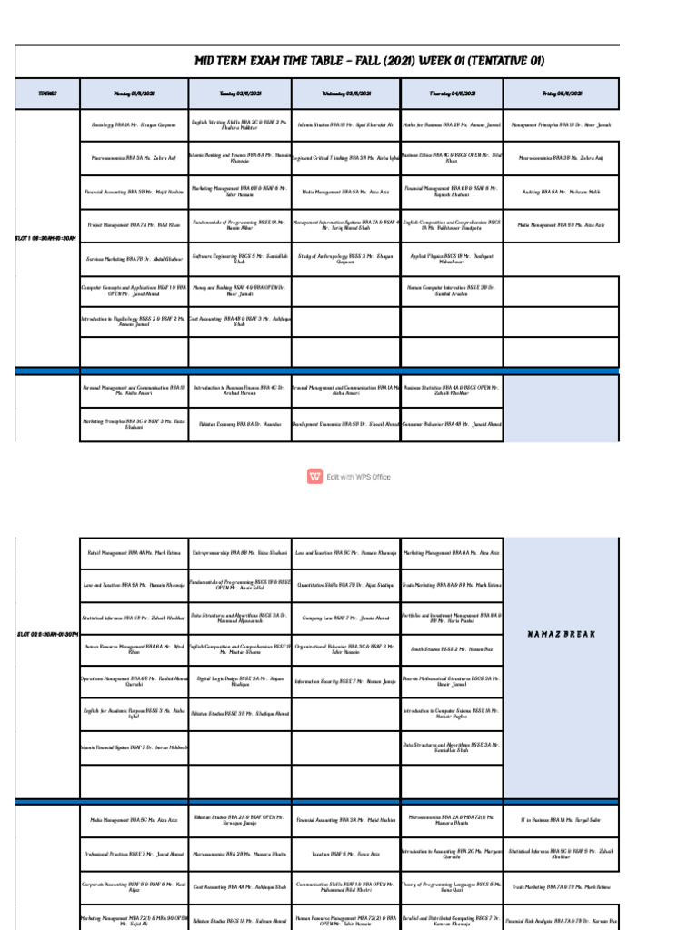 Mid Term Exam Time Table - FALL 2021 | PDF