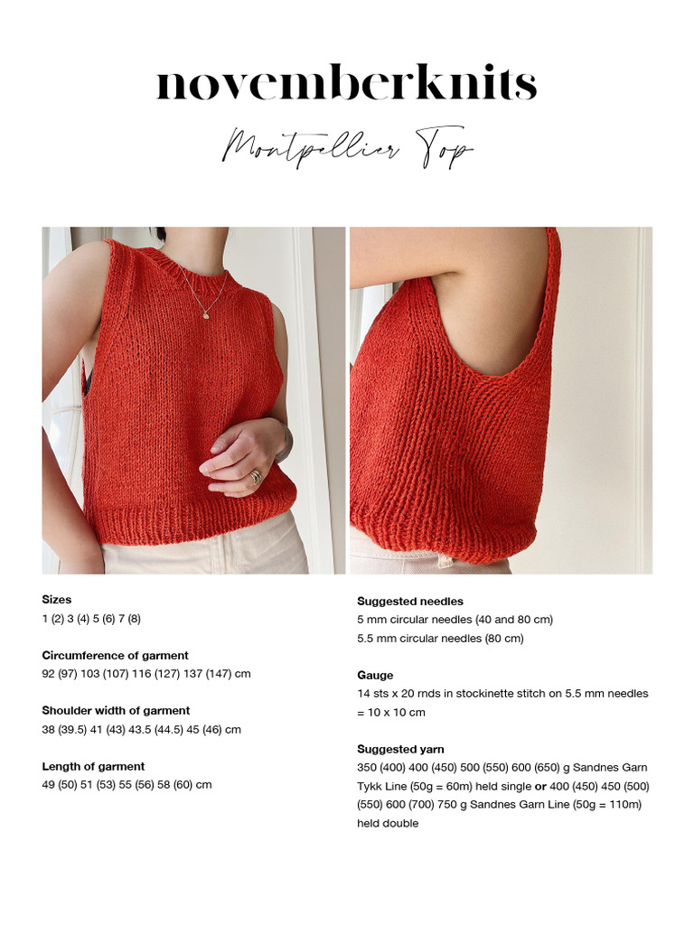 November Knits - Montpellier Top | PDF | Knitting | Gauge (Knitting)