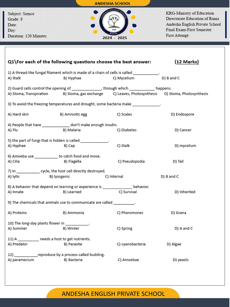 8th Grade Science Midterm Exam | PDF | Fungus | Plants