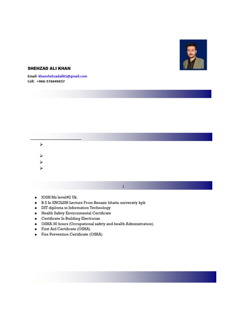 Shehzad Ali Updated CV+Doc | PDF | Occupational Safety And Health ...