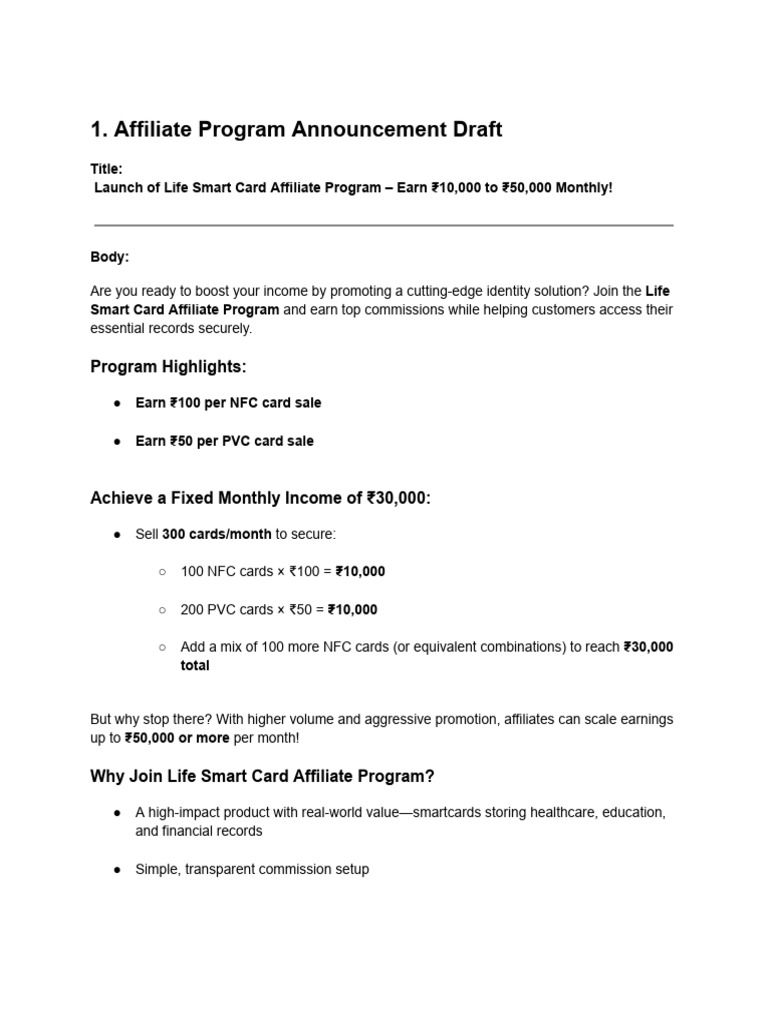 Life Smart Card Affiliate Program Launch | PDF | Smart Card | Business