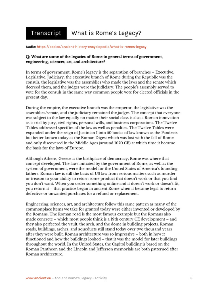 What Is Rome's Legacy Podcast Transcript | PDF | Ancient Rome | Roman ...