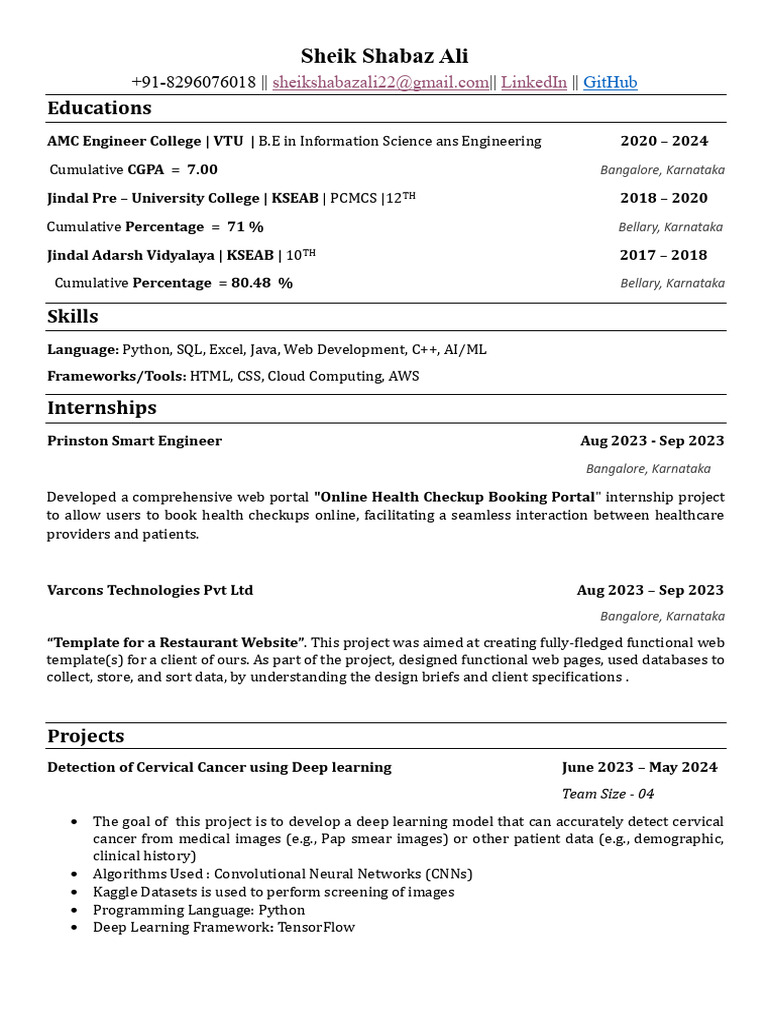 Sheik Shabaz Ali Resume | PDF | Deep Learning | Computer Science