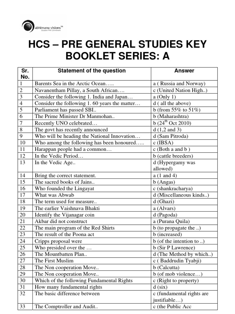 HCS GS Pre 2012 - Answer Key | PDF | Nature