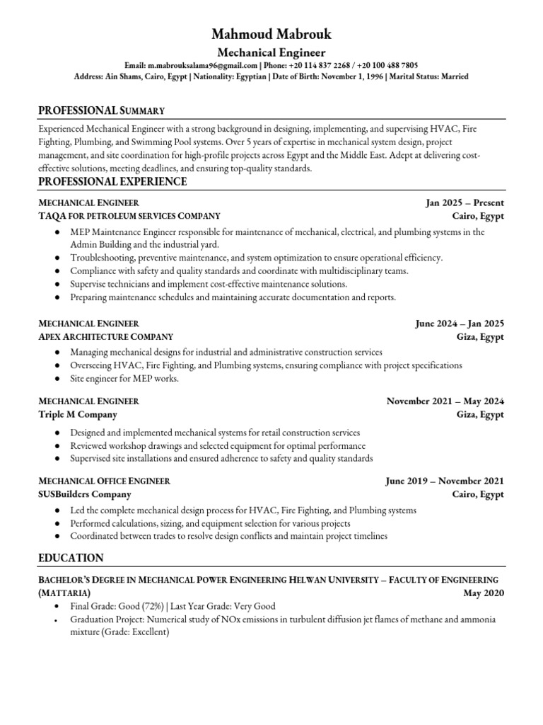 Mahmoud Mabrouk-Mechanical Engineer - Resume | PDF | Egypt | Engineering